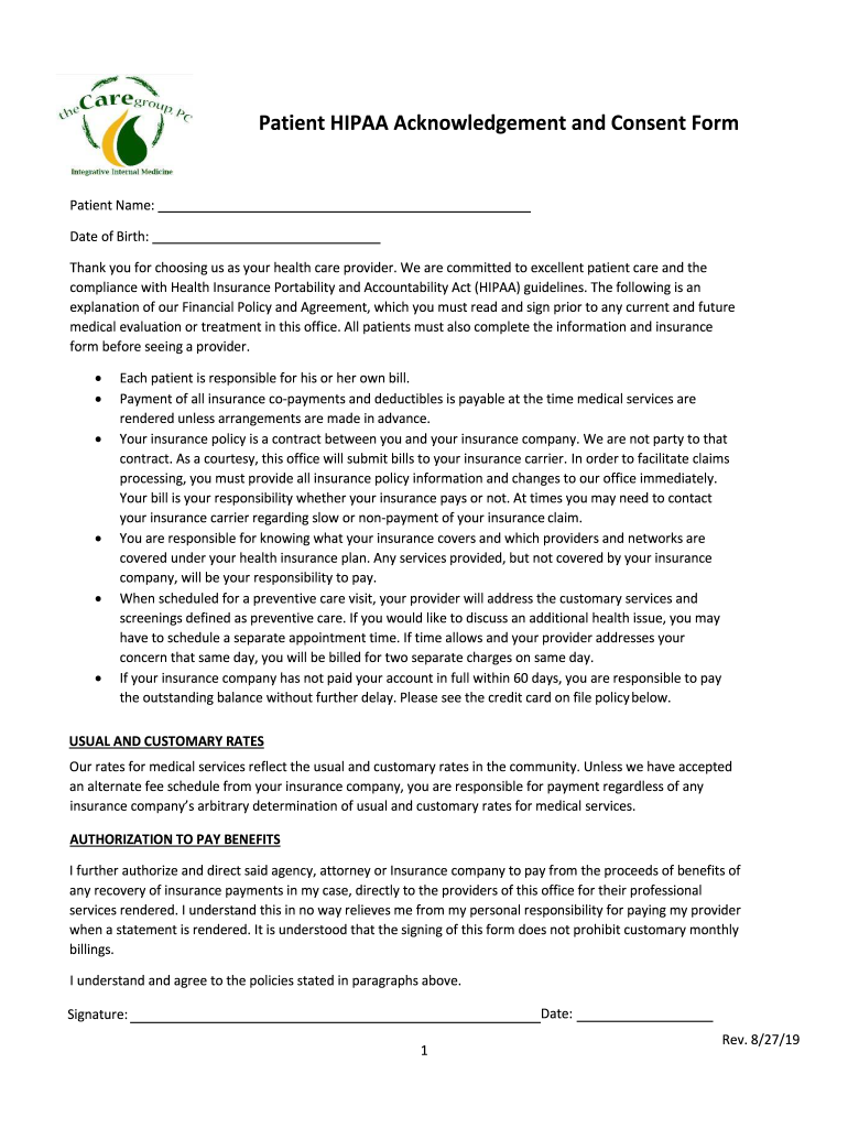 Fillable Online Patient HIPAA Acknowledgement and Consent Form Fax ...