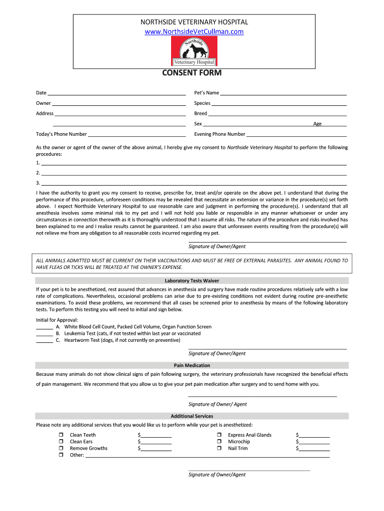 Fillable Online consent form - Northside Veterinary Hospital Fax Email Print - pdfFiller