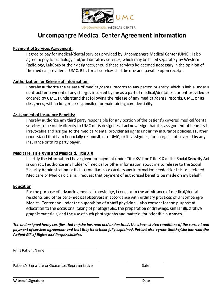 Fillable Online UMC Agreement Information - Uncompahgre Medical Center ...