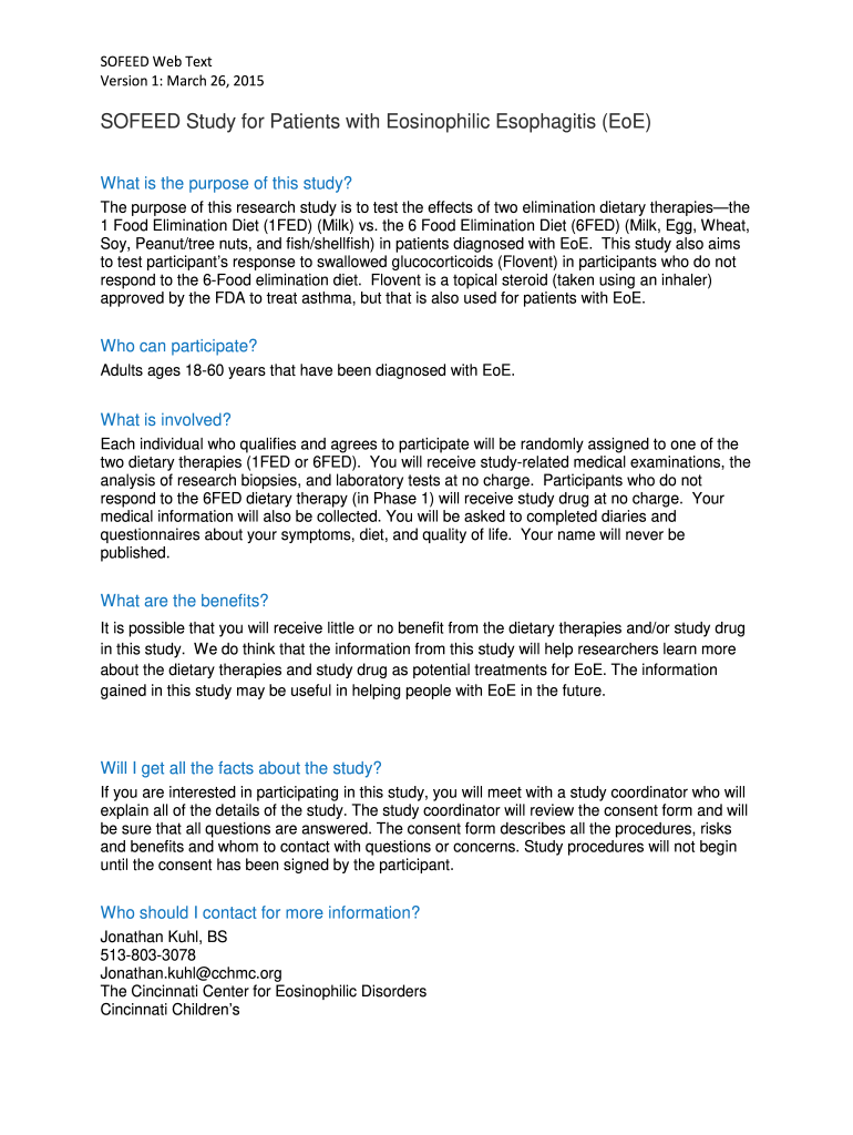 Fillable Online SOFEED Study for Patients with Eosinophilic Esophagitis (EoE) Fax Email Print ...