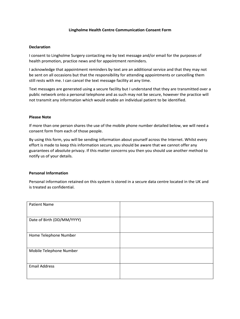 Fillable Online Lingholme Health Centre Communication Consent Form ...