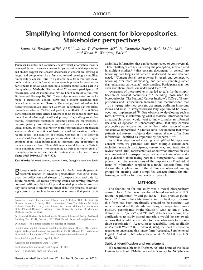 Fillable Online Simplifying informed consent for biorepositories ...