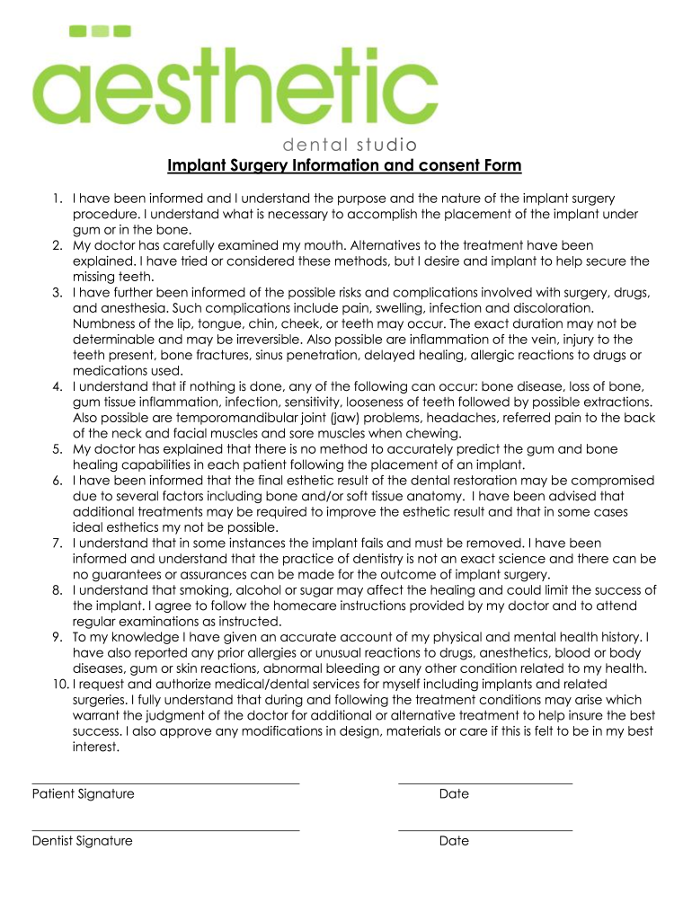 Fillable Online IMPLANT CONSENT FORM AND INFORMATION I have been ...