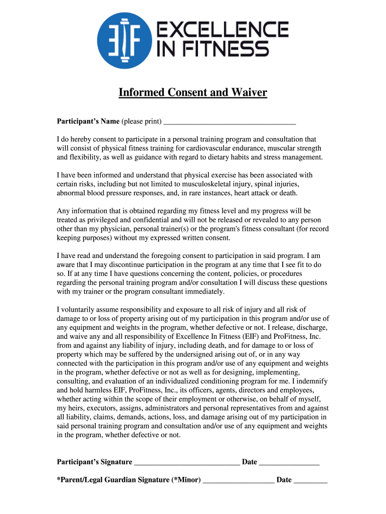 Fillable Online Informed Consent and Waiver - Excellence In Fitness Fax ...