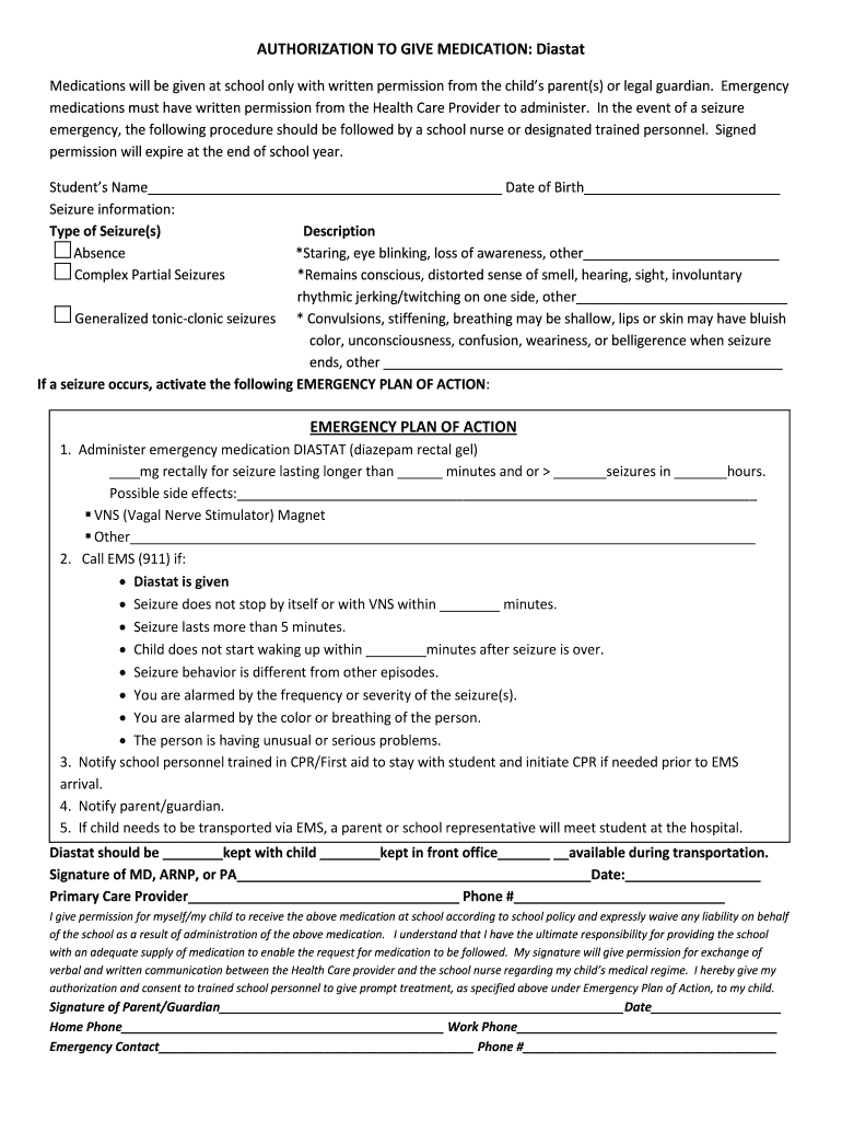 Fillable Online Medication Permission Form: Authorization to Give ...