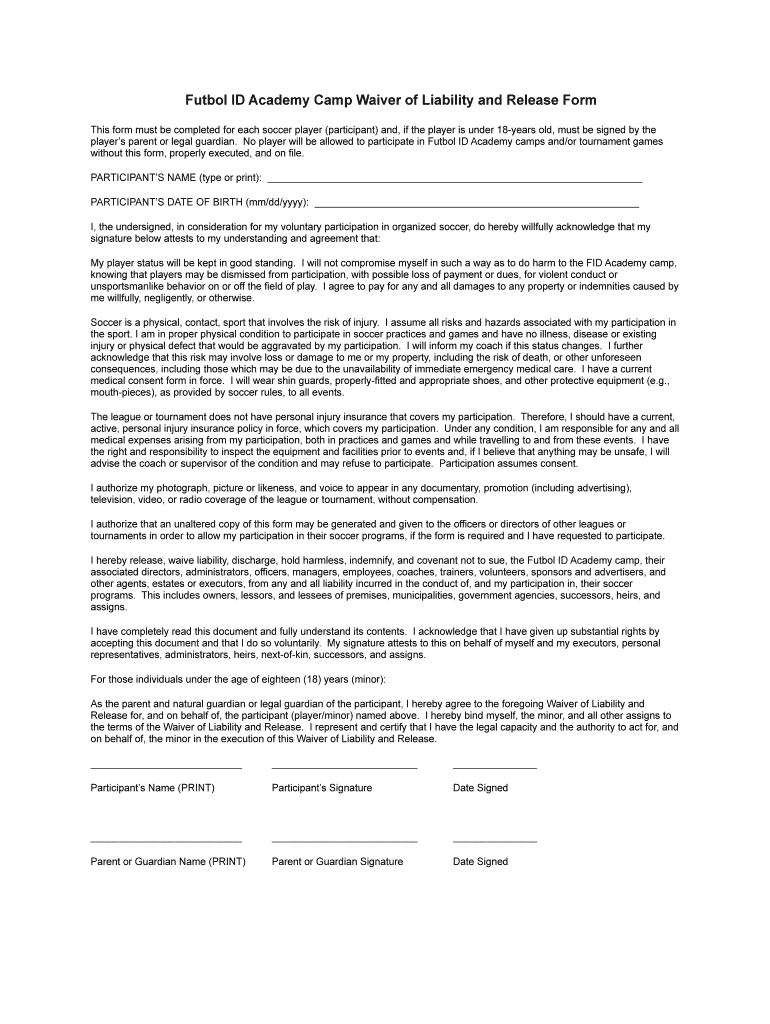 Fillable Online Free Printable Release And Waiver Of Liability ...