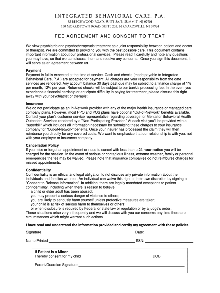 Fillable Online FEE AGREEMENT AND CONSENT TO TREAT Fax Email Print ...