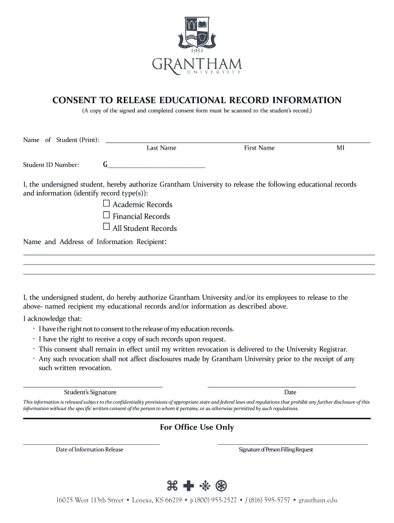 Fillable Online Student Consent to Release Education Record - Registrar ...