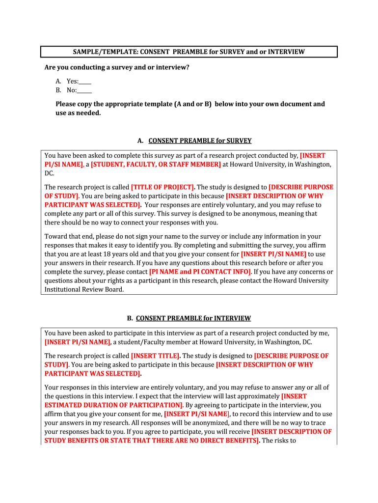 Fillable Online SAMPLE/TEMPLATE: CONSENT PREAMBLE for SURVEY and or ...