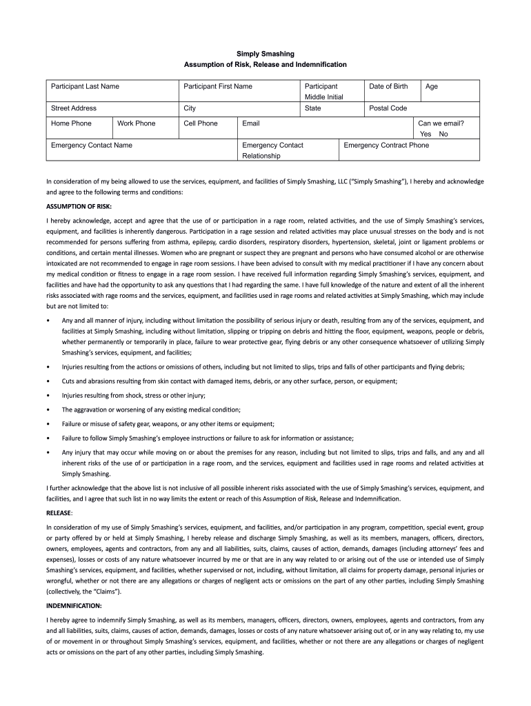 Fillable Online Simply Smashing Assumption of Risk, Release and ... Fax ...