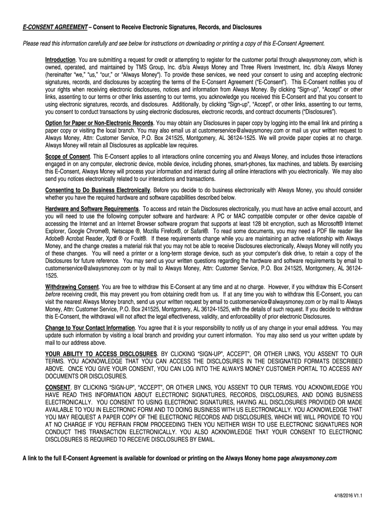 Fillable Online ELECTRONIC DISCLOSURE AND CONSENT FOR ELECTRONIC SIGNATURES Fax Email Print ...