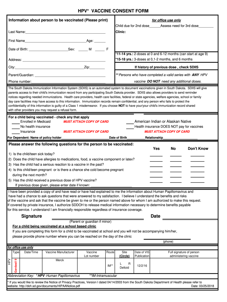 Fillable Online Signature Date HPV* VACCINE CONSENT FORM - Aberdeen ...