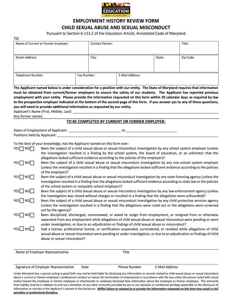 2019 MD The GreenMount School Employment History Review Form Fill