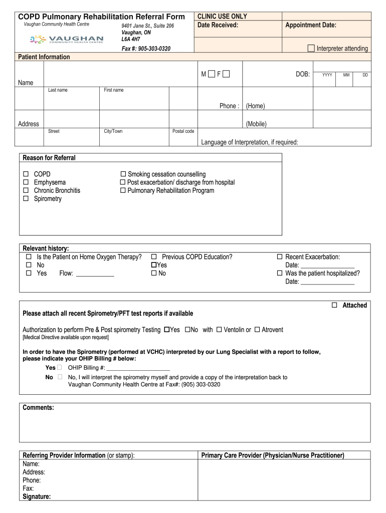 Fillable Online COPD Pulmonary Rehabilitation Referral Form CLINIC USE ...