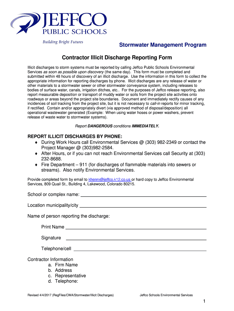 Fillable Online Contractor Illicit Discharge Reporting Form Fax Email ...