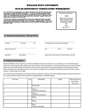 Fillable Online Dependent Verification Worksheet - William Penn University Fax Email Print ...