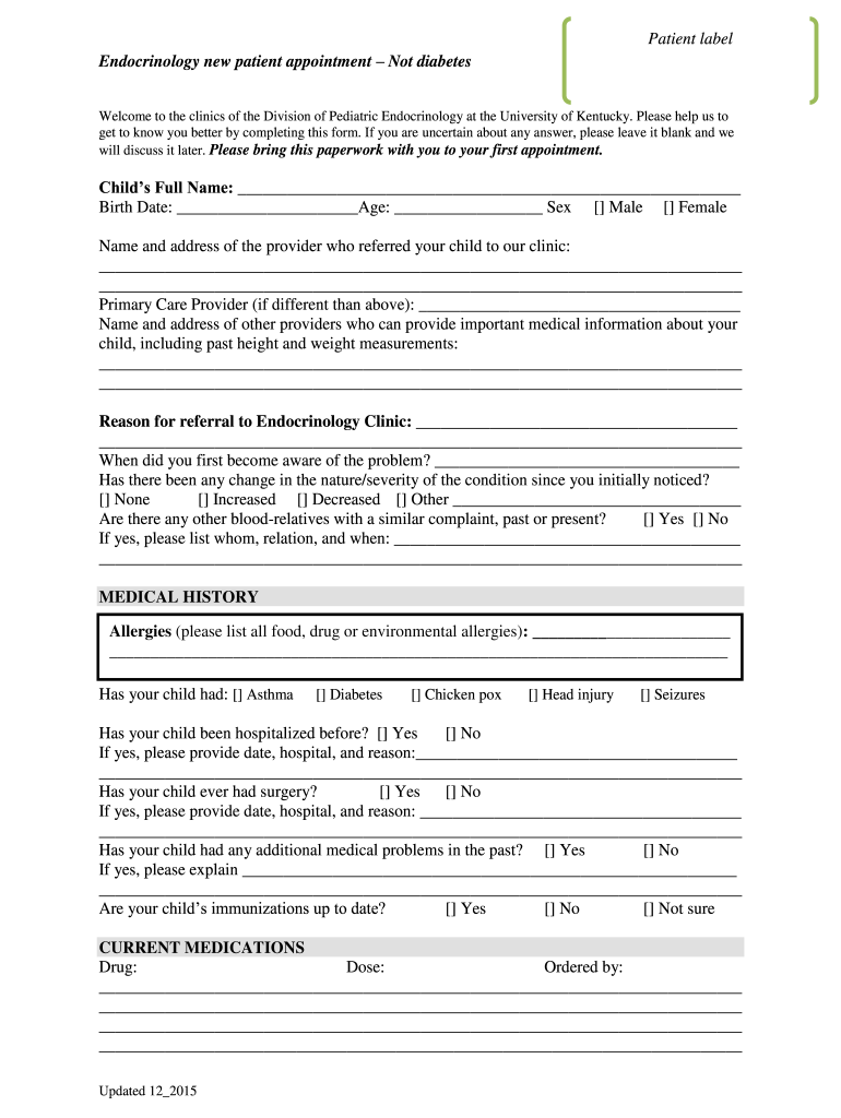 Fillable Online Pediatric Endocrinology New Patient Form - UK ...