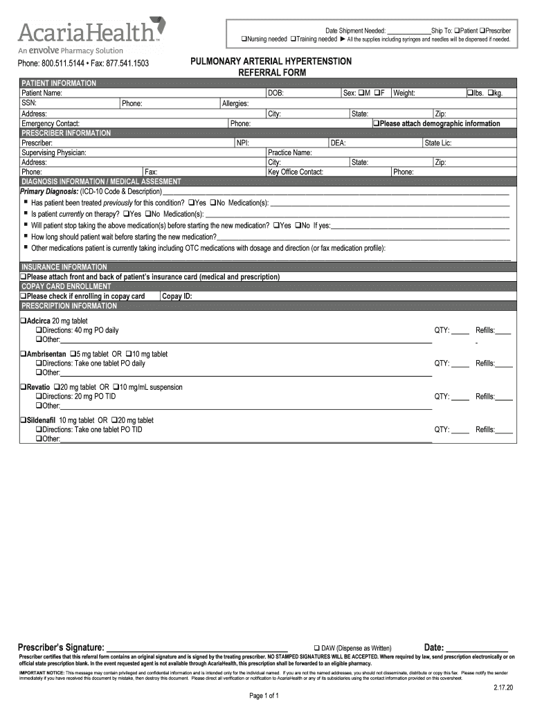 Acaria Health - Pulmonary Arterial Hypertenstion Referral Form Pulmonary Arterial Hypertenstion ...