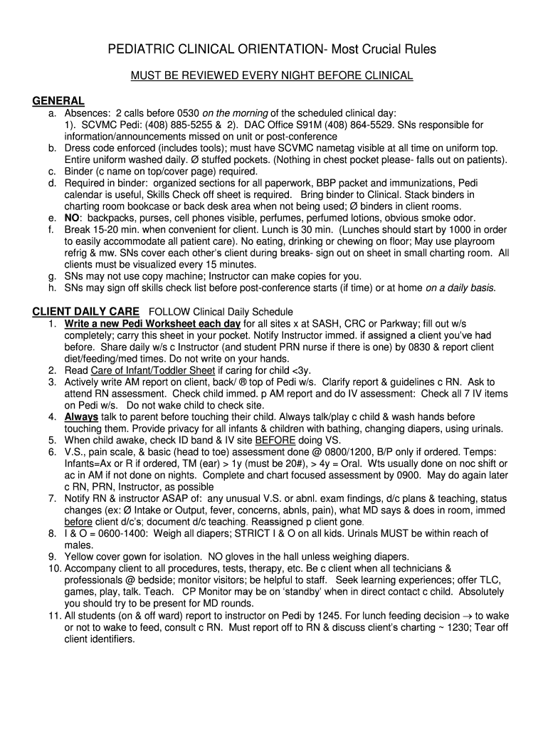 Fillable Online PEDIATRIC CLINICAL ORIENTATION- Most Crucial Rules Fax ...