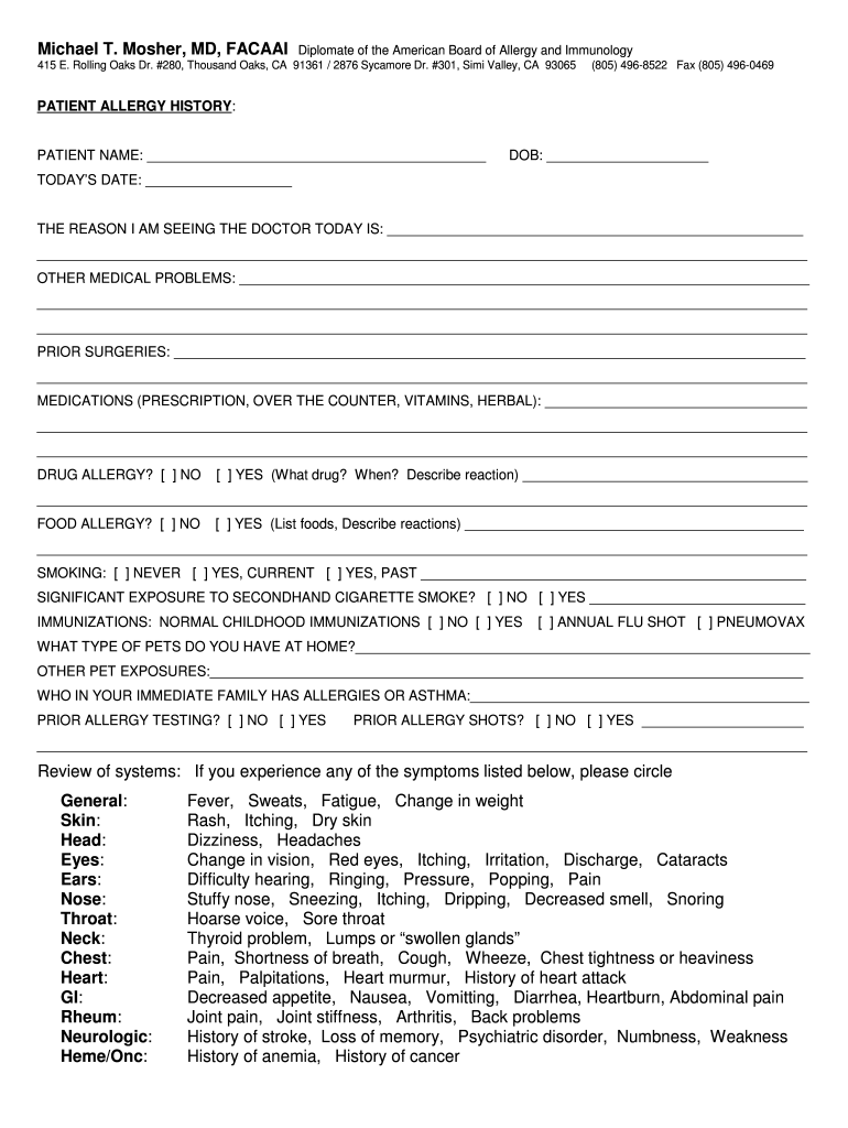 Fillable Online Patient Allergy History Fax Email Print - pdfFiller