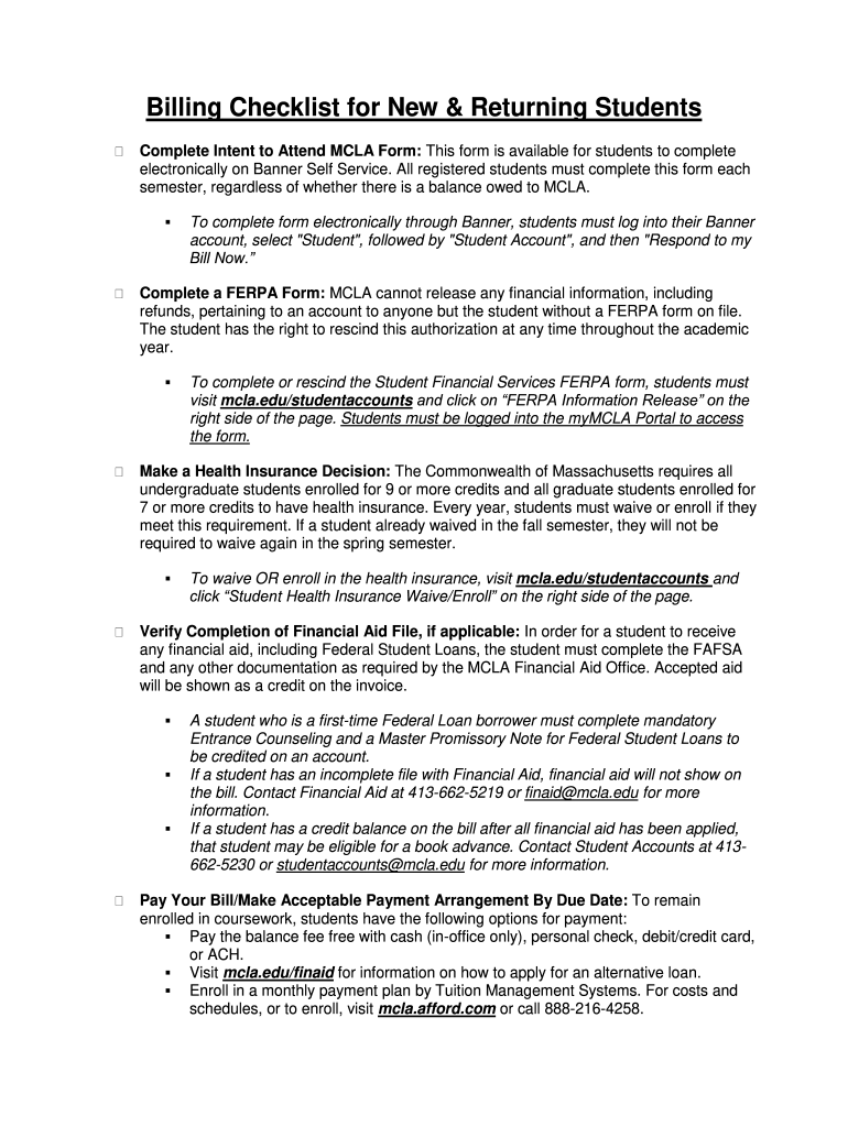 Fillable Online Billing Checklist for New & Returning Students Fax ...