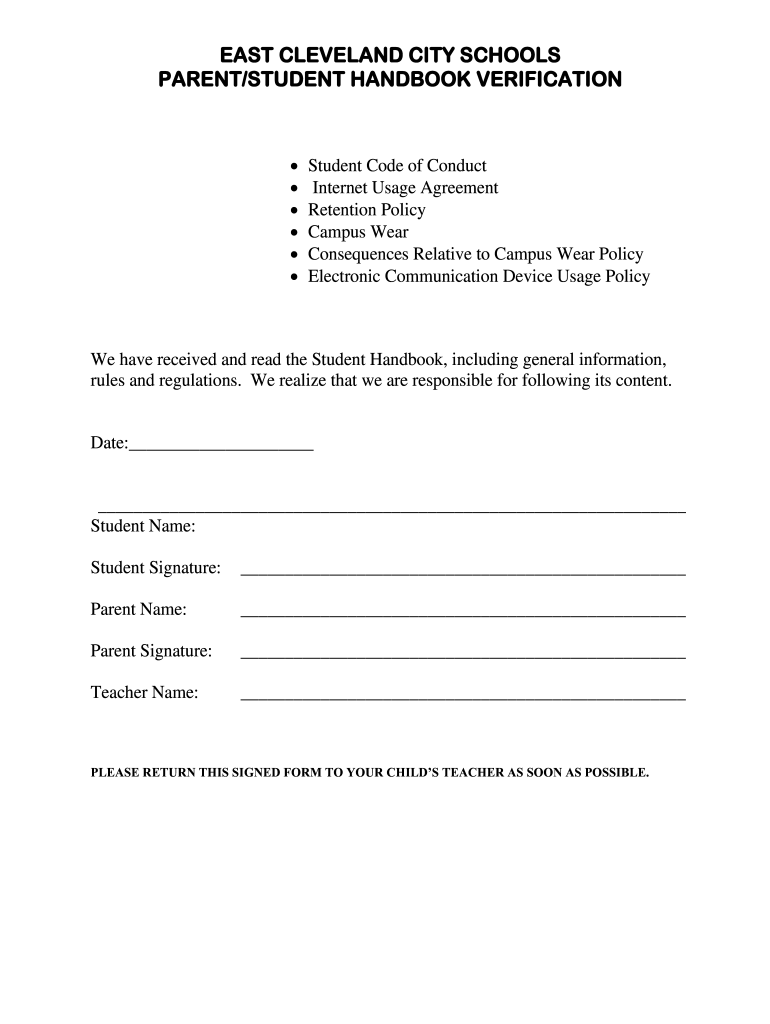 Fillable Online PARENT/STUDENT HANDBOOK VERIFICATION Fax Email Print ...