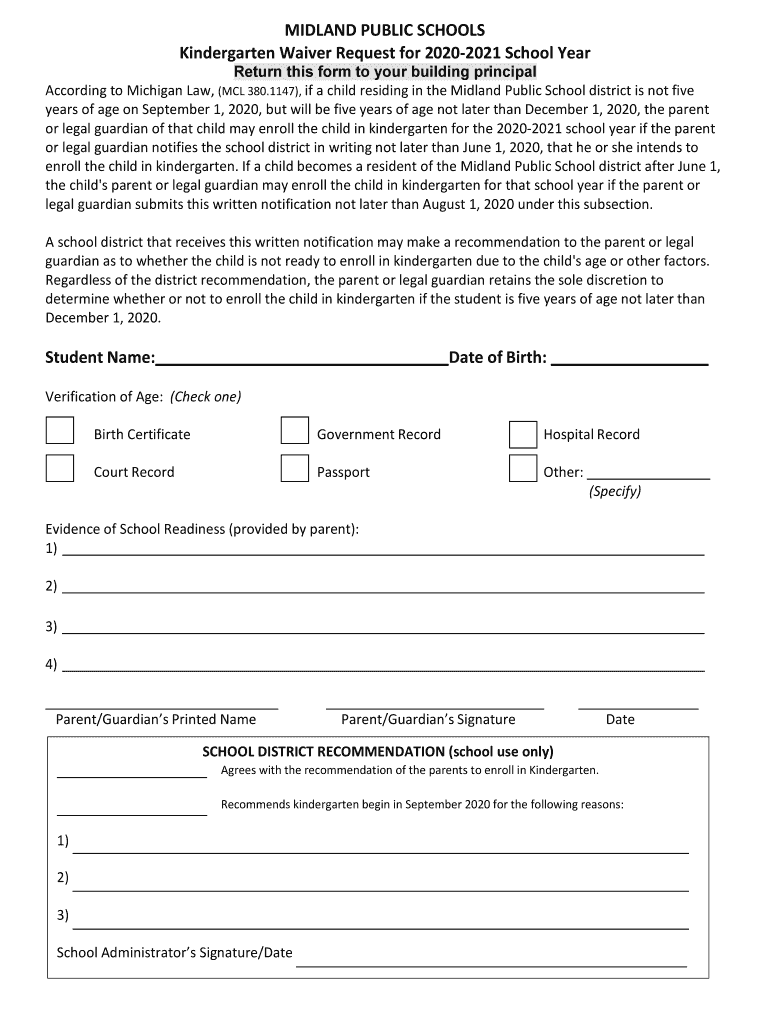 Fillable Online Kindergarten Waiver Request for 2020-2021 School Year ...