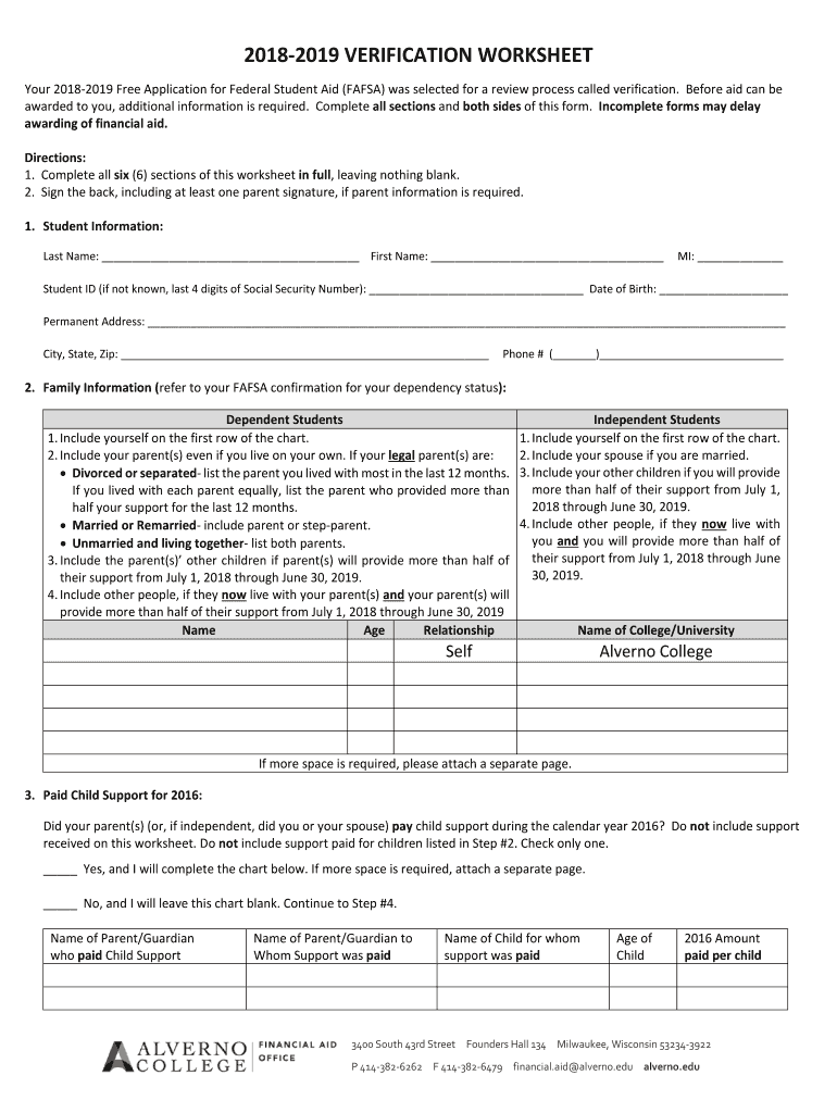 Fillable Online 1003 20182019 Verification Worksheet - Alabama A&M ...