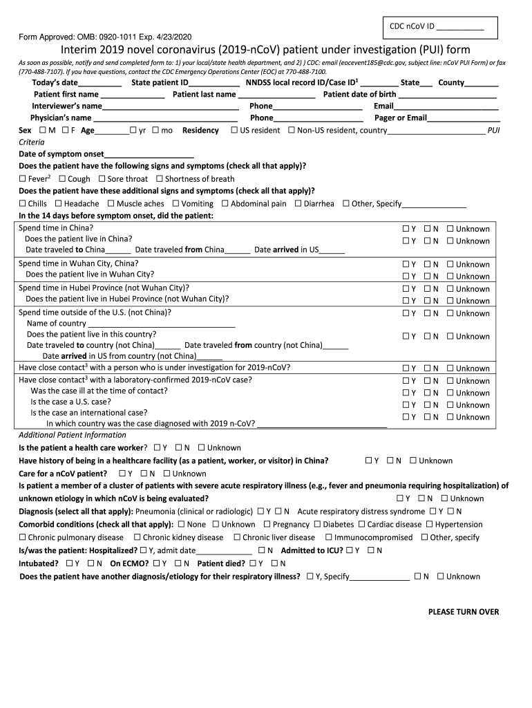 Interim 2019 novel coronavirus (2019-nCoV) patient under investigation ...