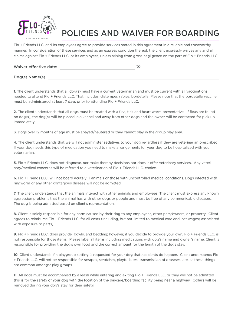Fillable Online policies and waiver for boarding - Flo Plus Friends Fax ...