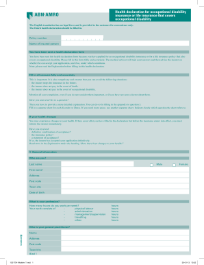 Fillable Online Health declaration for occupational disability Fax ...