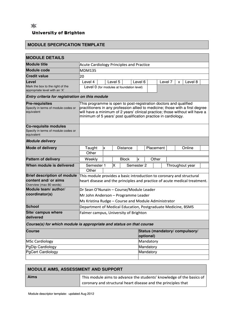 Fillable Online MODULE SPECIFICATION TEMPLATE MODULE DETAILS Module ...