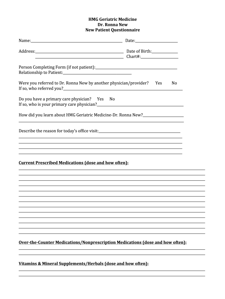 Fillable Online New Patient Questionnaire%2c HMG Geriatric Medicine 01. ...