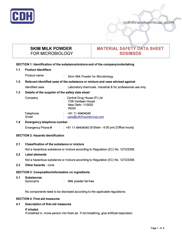 Fillable Online skim milk powder for microbiology material safety data ...