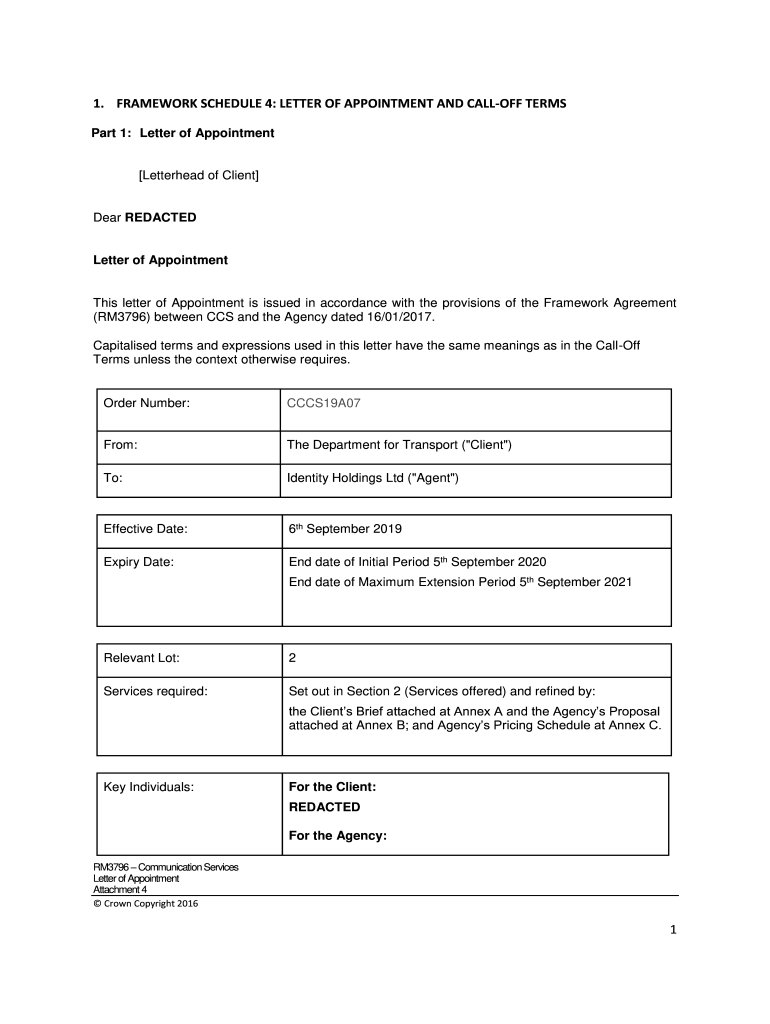 Fillable Online FRAMEWORK SCHEDULE 4: LETTER OF APPOINTMENT AND CALL-OFF TERMS Fax Email Print ...