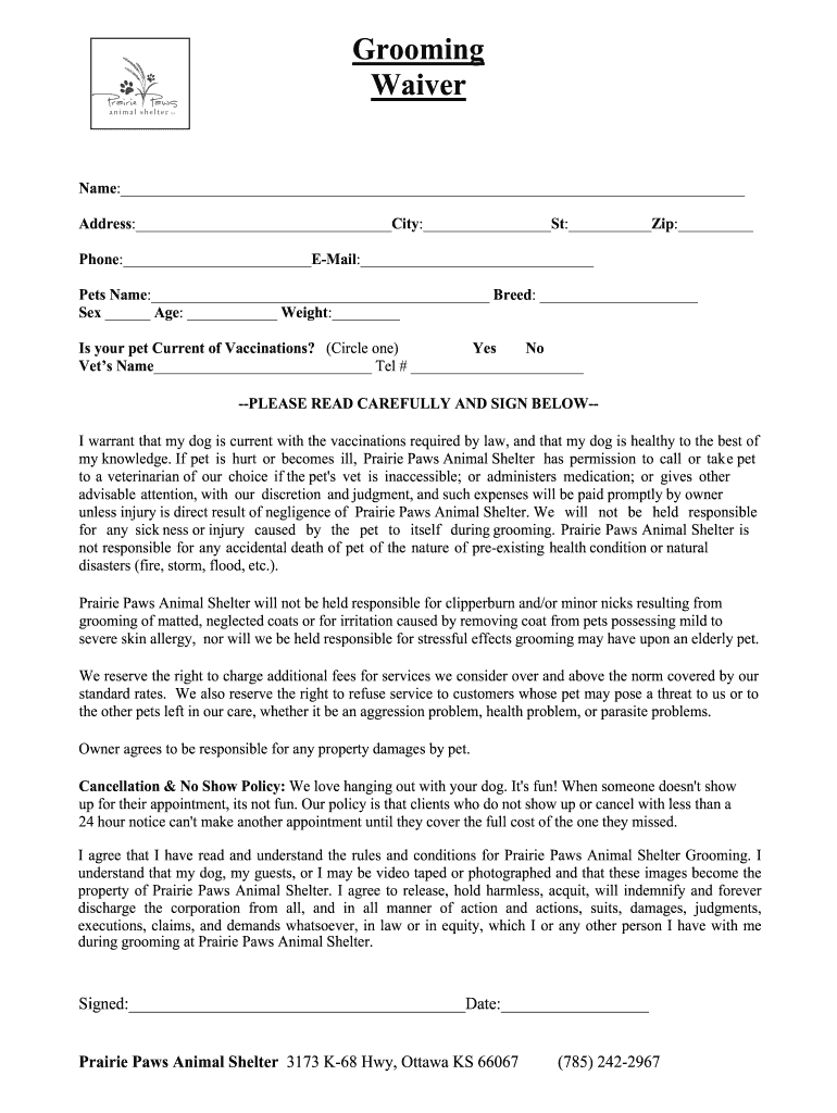 Fillable Online Download our Grooming Waiver Form - Bark Place ...