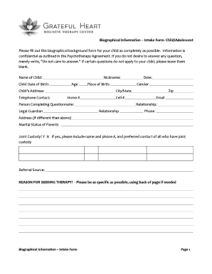 Fillable Online Biographical Information Intake Form- Child/Adolescent ...