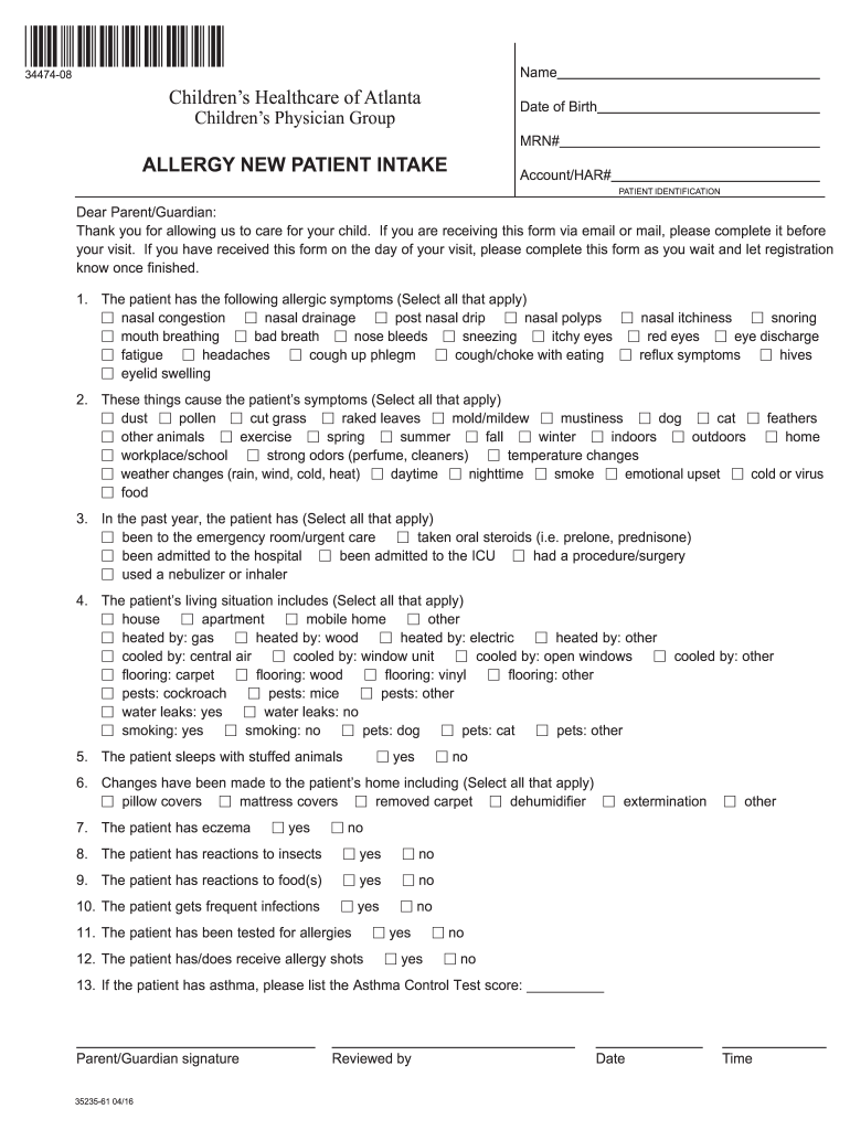 Fillable Online ALLERGY NEW PATIENT INTAKE Children's Healthcare of ...