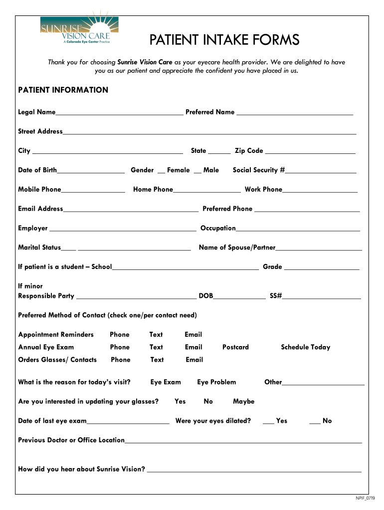 Fillable Online patient intake forms - Sunrise Vision Care Fax Email ...