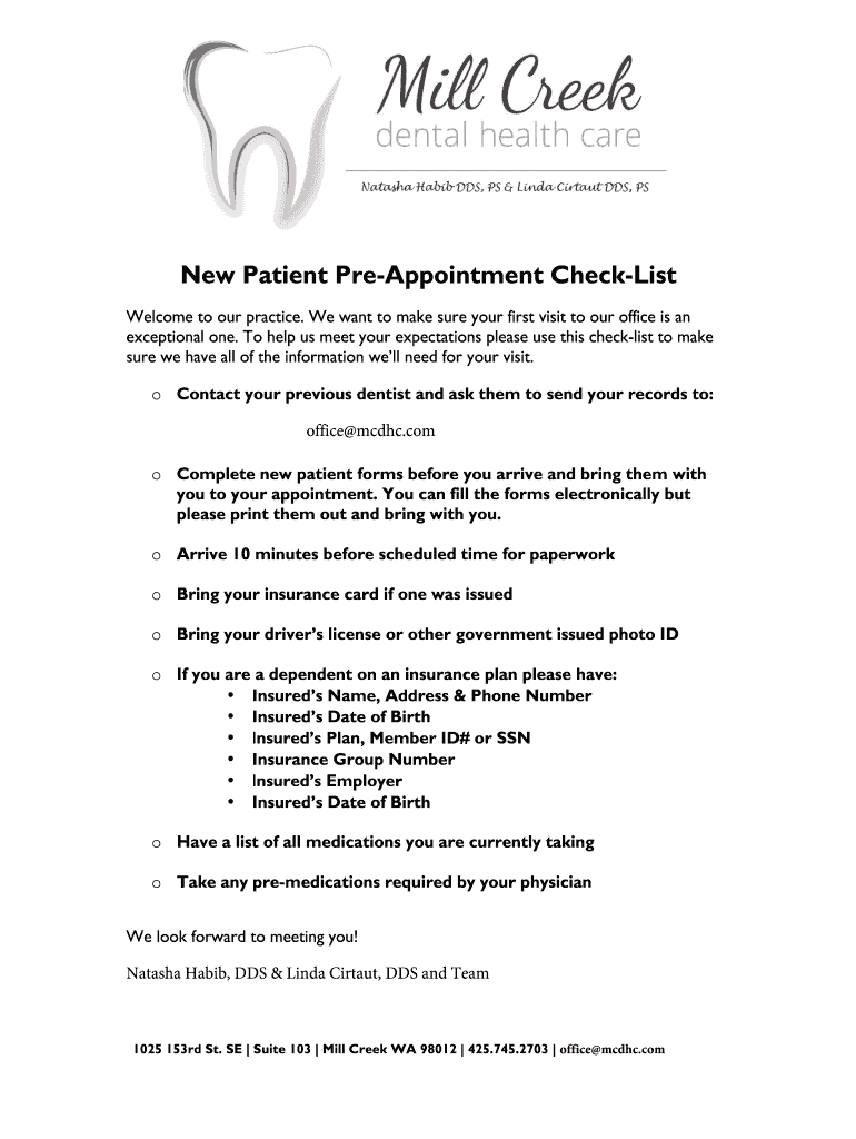 Fillable Online New Patient Pre-Appointment Check-List - Mill Creek ...