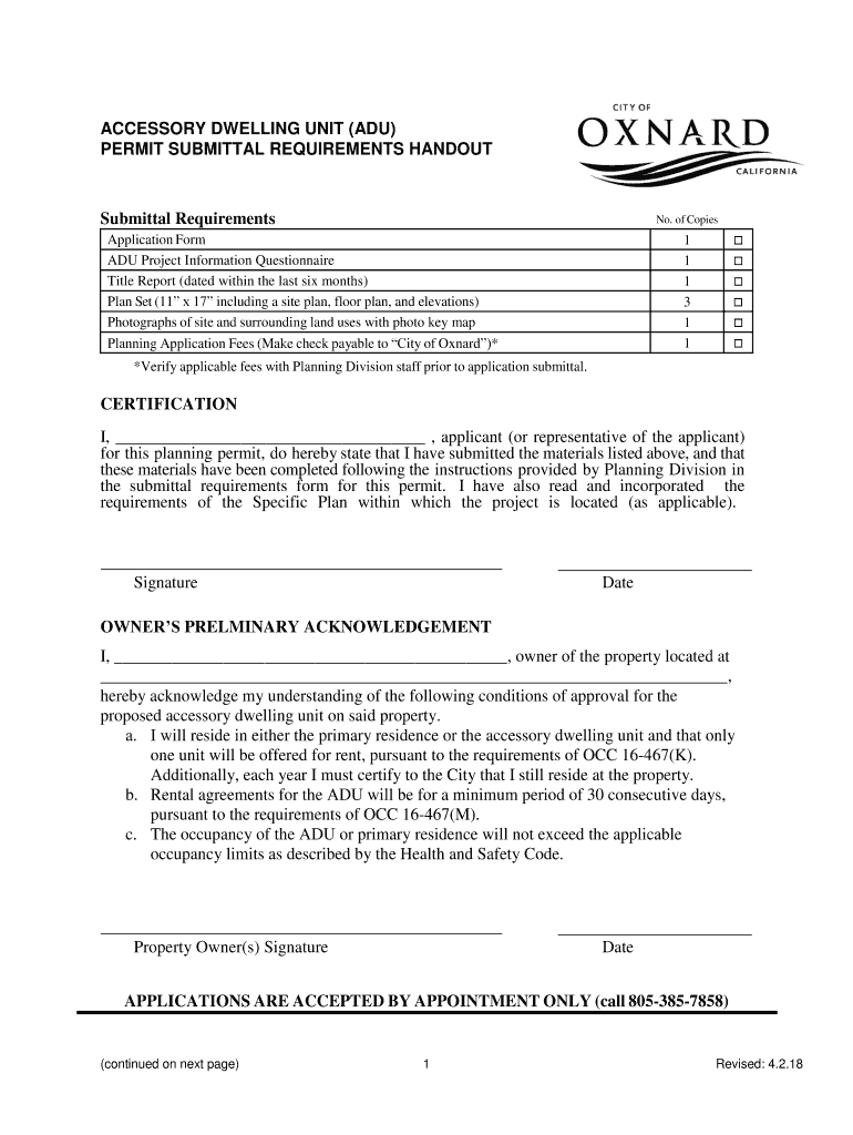 Fillable Online ACCESSORY DWELLING UNIT (ADU) PERMIT SUBMITTAL ...