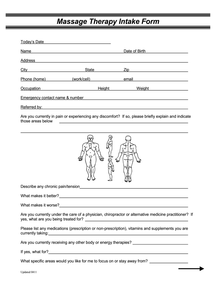 Massage Therapy Intake Form - Blank Fillable Template | Fill Out, Print ...