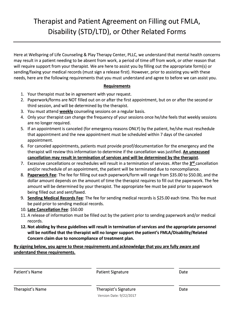 Fillable Online Therapist and Patient Agreement on Filling out FMLA ...