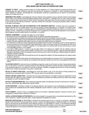 Fillable Online UNITY HEALTHCARE, LLC DISCLOSURE AND RELEASE AUTHORIZATION FORM Fax Email Print ...