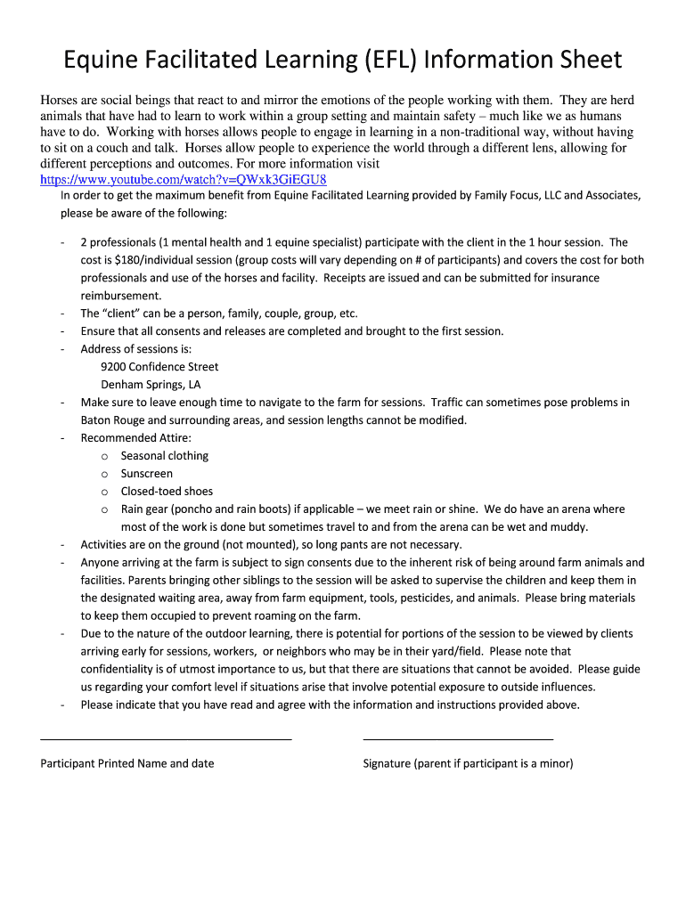 Fillable Online Equine Facilitated Learning (EFL) Information Sheet Fax ...