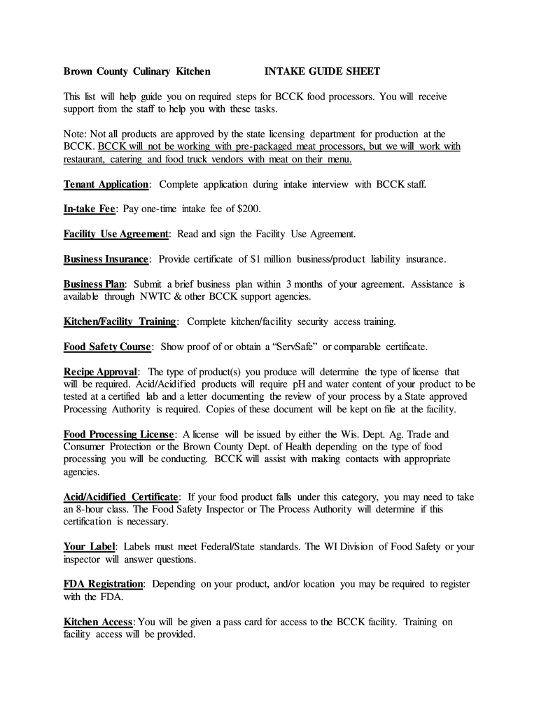 Fillable Online Brown County Culinary Kitchen INTAKE GUIDE SHEET Fax ...