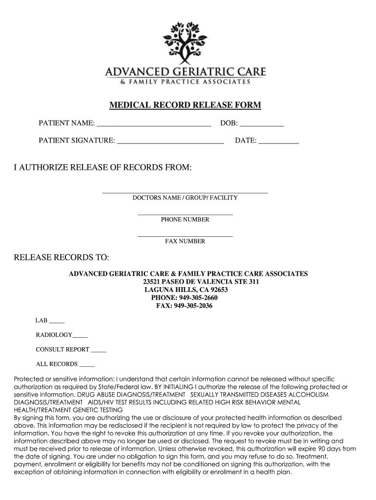 Fillable Online medical record release form i authorize release of ...