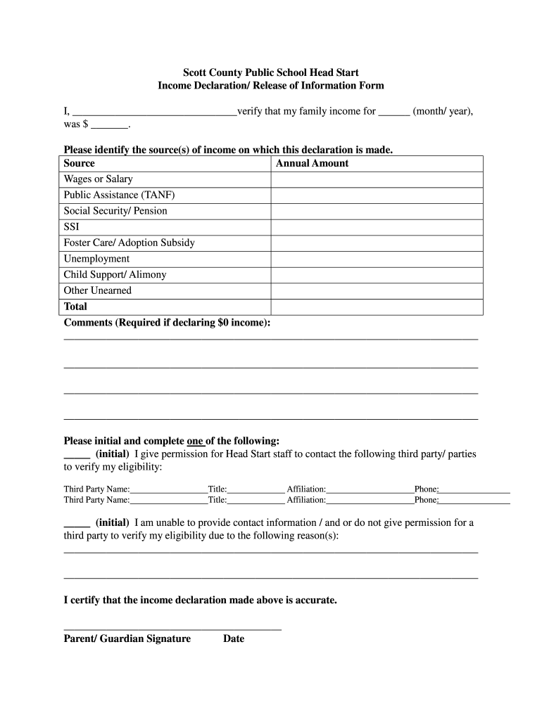 Fillable Online Scott County Public School Head Start Income ...