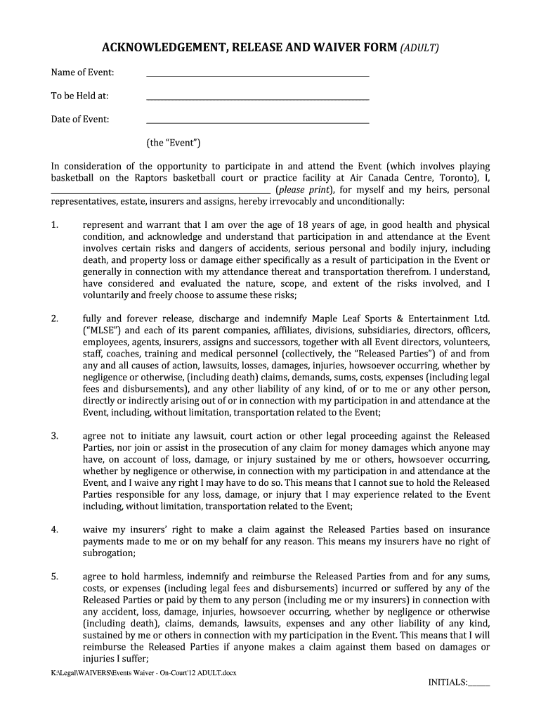 Fillable Online ACKNOWLEDGEMENT, RELEASE AND WAIVER FORM ADULT Fax Email Print - pdfFiller
