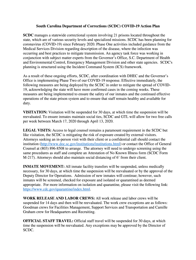 Fillable Online South Carolina Department of Corrections (SCDC) COVID ...